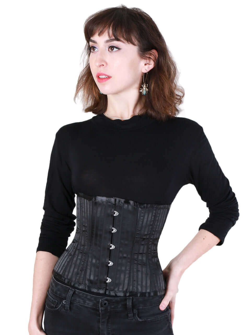 Steel Boned Black Woven Shadow Stripe Cincher Corset – True Corset CA